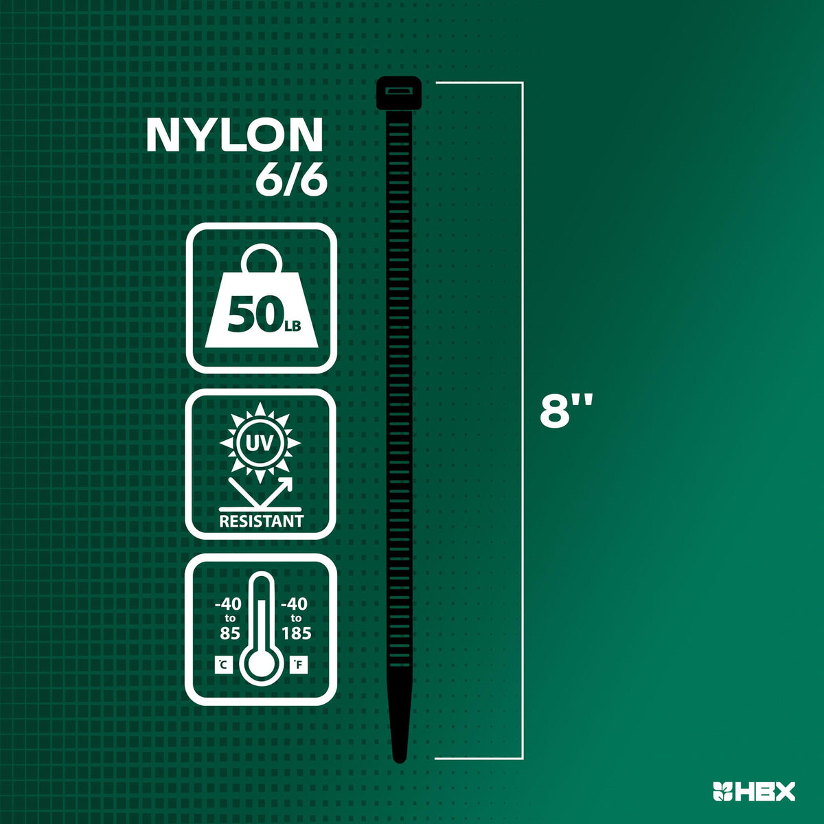 HBX 8 Inch Multiuse Cable Tie, Nylon 6/6, 50 lb Capacity