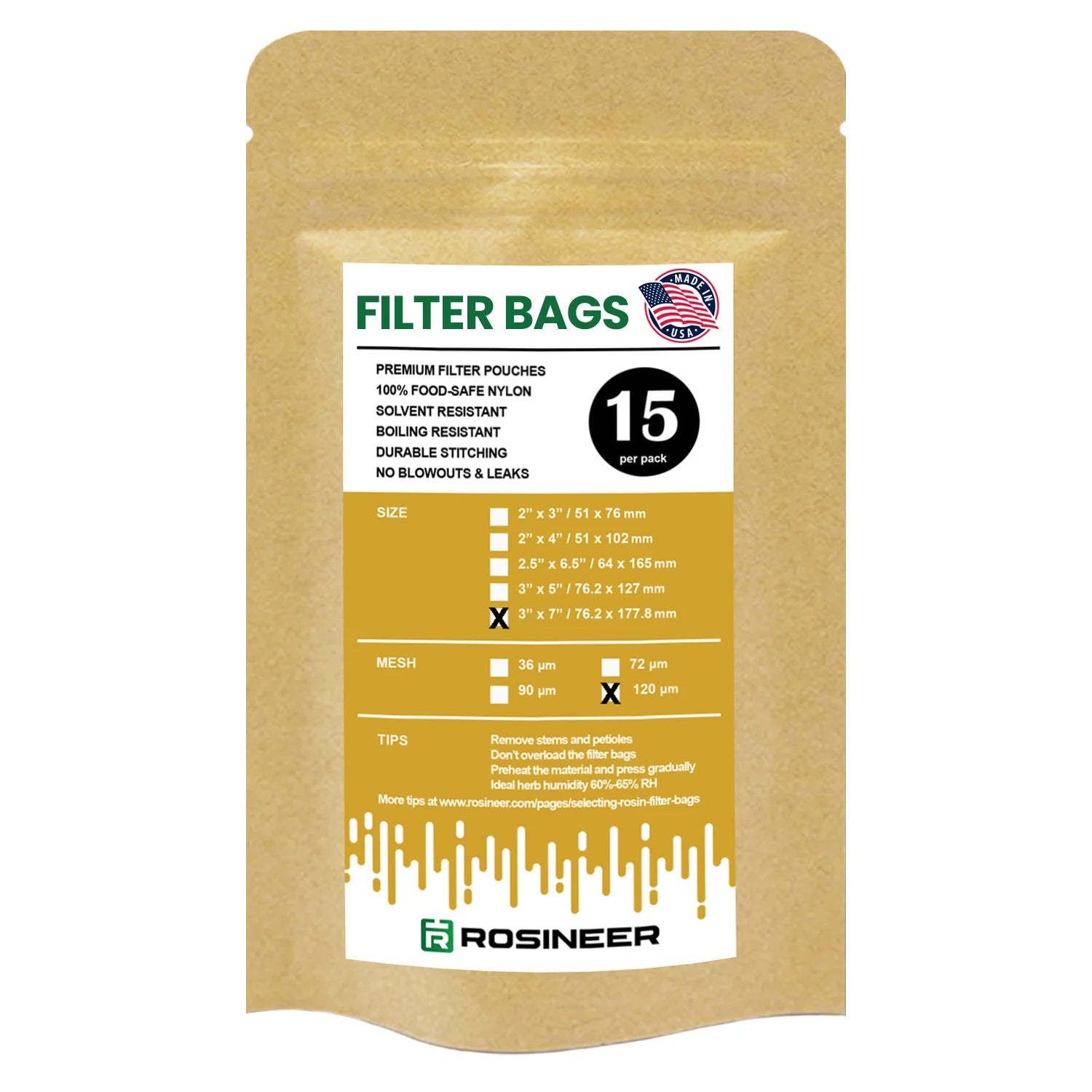 Rosineer Premium Filter Bags 120 Micron 3" x 7" Pack of 15